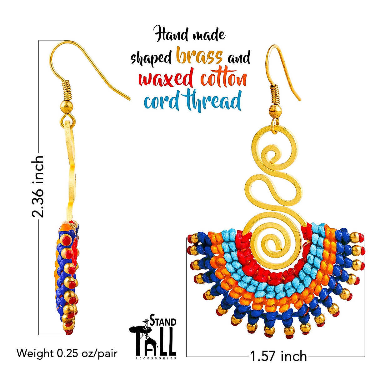 Boho Dangling Earrings for Women and Teen Girls - Handmade Cute Jewelry for a Trendy or Hippie Look, Mexican Fun Earrings for Green, Blue, Black or Red Outfits, Gold Earrings, Gift