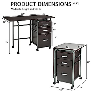 Tangkula Folding Computer Desk with 3 Storage Drawers, Mobile Home Office Desk Study Writing Desk with Smooth Wheels, Space Saving Compact Desk for Dorm Apartment, Rolling Folding Desk Table