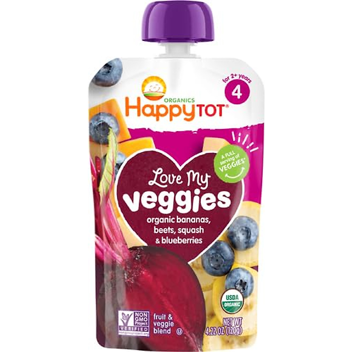 Happy Tot Love My Veggies Stage 4 Organic Toddler Food Banana Beet Squash & Blueberry, 4.22 Ounce Pouch Organic Baby Food/Toddler Food Pouches, Fruit and Veggie Blend, Full Serving of Vegetables