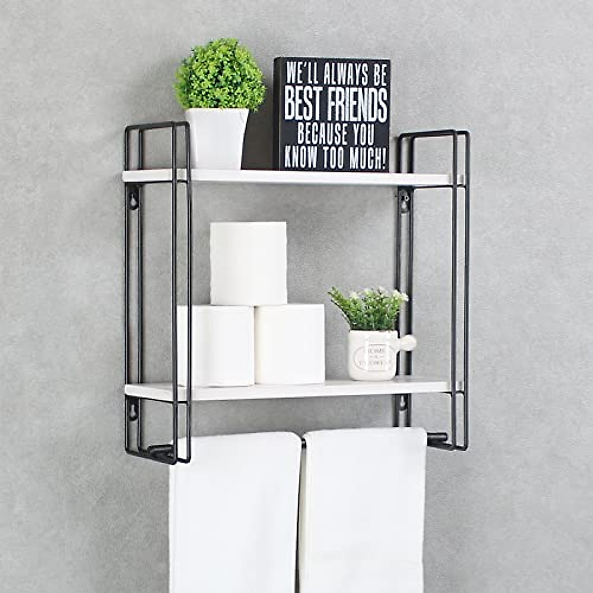 Industrial Bathroom Shelves with Towel Bar,24 inch Rustic Racks for Bathroom,2 Layers Farmhouse Rack Over Toilet,Pipe Wall Mounted,Home Decor Floating Holder (White)