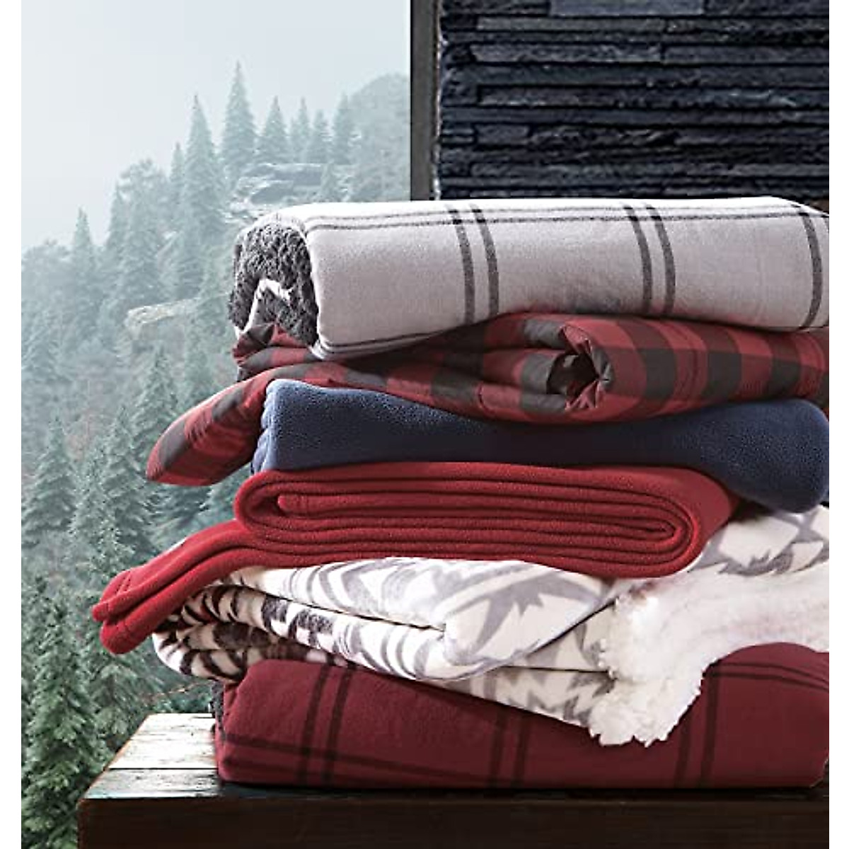 Eddie Bauer - Throw Blanket, Cotton Flannel Home Decor, All Season Reversible Sherpa Bedding (Kettle Falls Grey/Black Throw)