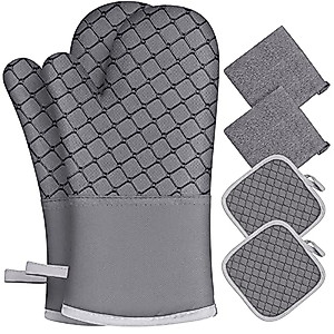 IXO 6Pcs Oven Mitts and Pot Holders, Oven Glove Heat Resistant 500℉ with Kitchen Towels Kitchen Mitts and Pot Holder Soft Cotton Lining and Non-Slip Silicone Surface for Baking, Cooking, BBQ(Grey)