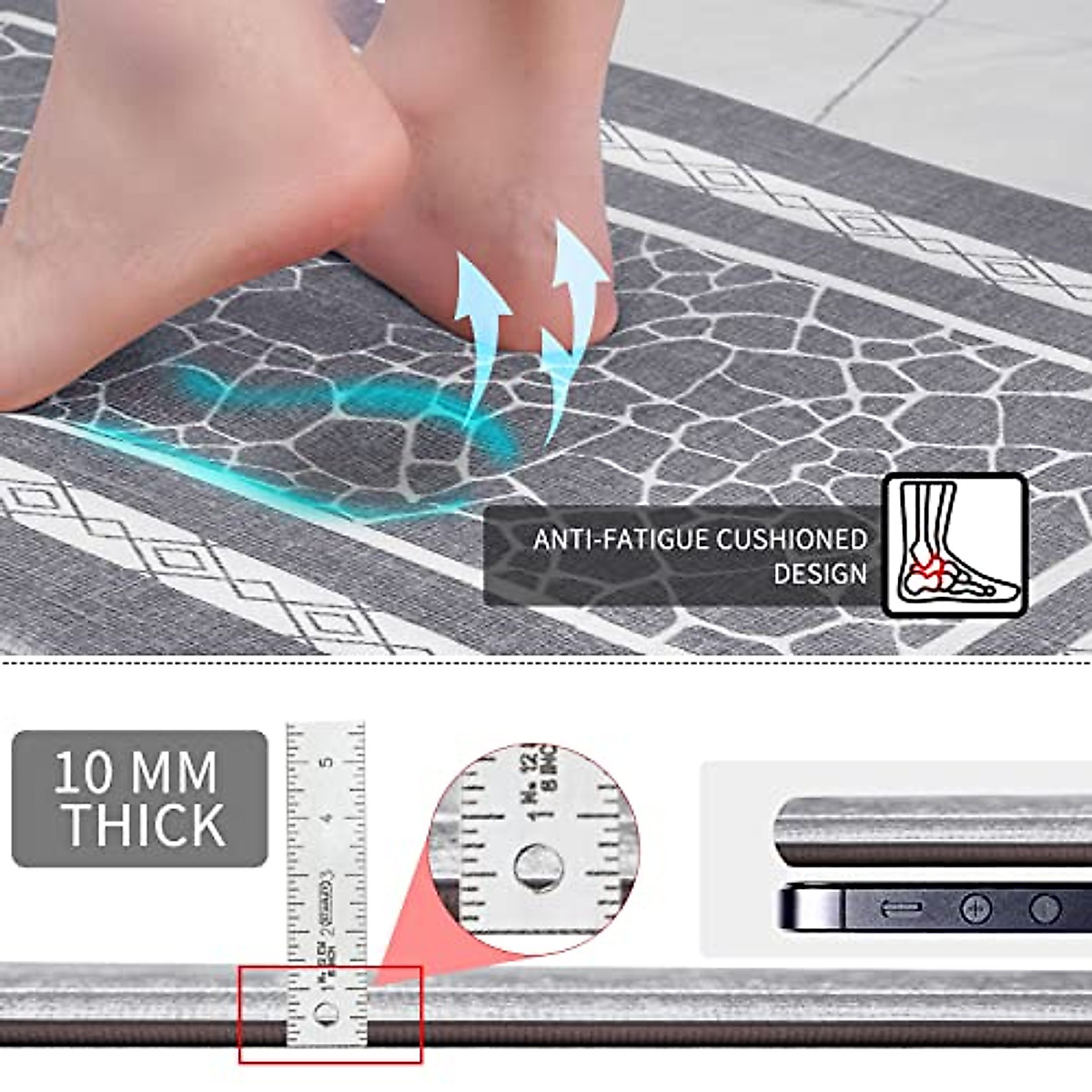 ASPMIZ Kitchen Mat 2 PCS Cushioned Anti-Fatigue Kitchen Rugs Non Slip Memory Foam Kitchen Mats and Rugs Waterproof Kitchen Floor Comfort Mats for Home & Office, 18'' x 48'' + 18'' x 30'', Grey Texture