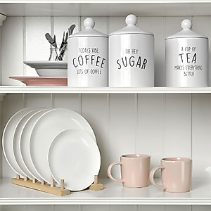 Barnyard Designs Canister Sets for Kitchen Counter, Ceramic Canister Set, Decorative Kitchen Canisters, Coffee Tea Sugar Container Set, Rustic Farmhouse Canisters Ceramic Jar, White, Set of 3