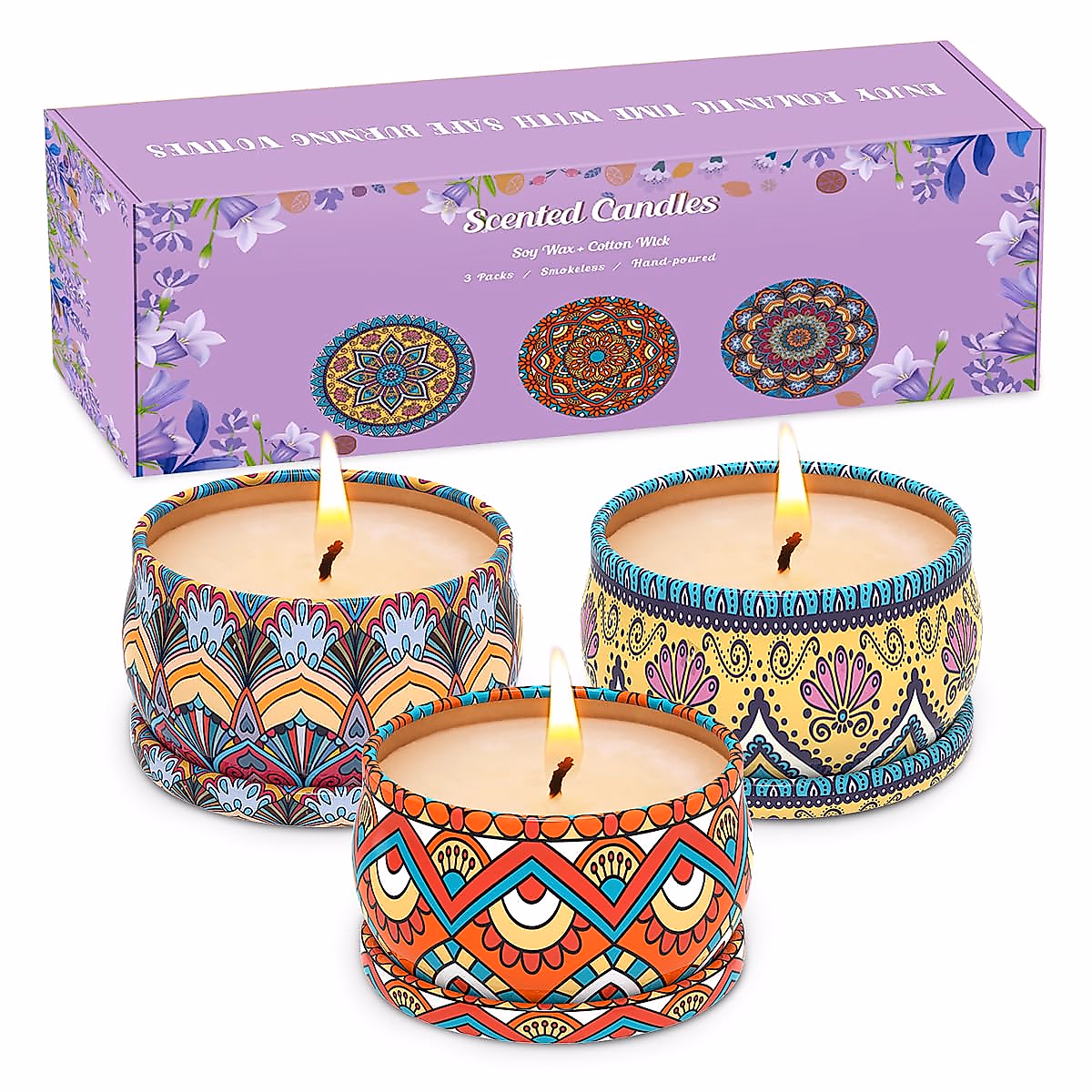 3 Packs Scented Candles Set, Soy Wax Stress Relief Aromatherapy Candles, Relaxation Gift Baskets for Women, Great Gift Ideal for Thanksgiving Christmas House Warming and Birthday