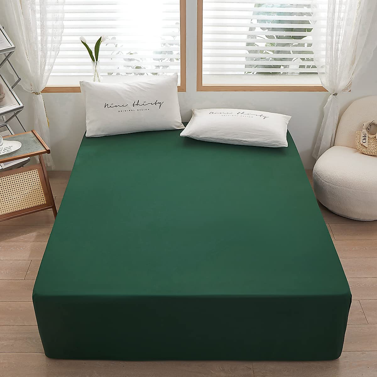 Bedding Twin Size Fitted Sheet Only-Twin Size Deep Pocket Bottom Sheet Fits 15inches Bed Matress Sheet Soft and Microfiber Easy Care-Dark Green