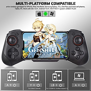 arVin Wireless Gaming Controller for iPhone iOS Android PC, Bluetooth Gamepad Joystick for iPhone 15/14/13/12/iPad/MacBook/Samsung Galaxy S22/S21/S20 Ultra/Tablet/Call of Duty Mobile/Genshin Impact