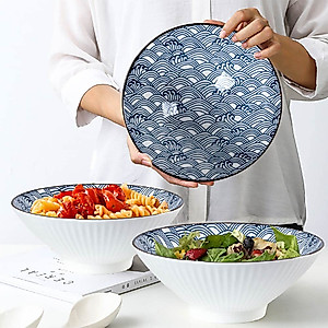 QINLANG 38 oz Japanese Ramen Bowls, Cereal Bowls, Soup Bowls, Pho Bowls, Noodle Bowls, 8 in Blue and White Ceramic Bowls Set of 4, Wave Pattern