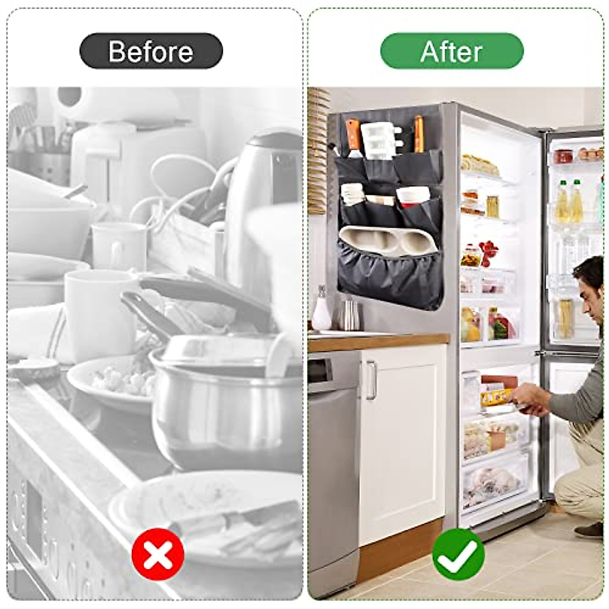 Extended Mini Fridge Caddy Organizer, Mini Refrigerator Caddy Organizer Storage Bag, Dorm and Office Over the Fridge Caddy Organizer for Flatware, Utensils, Kitchen Tools and Paper Goods