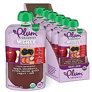 Plum Organics Mighty Food Group Blend, Organic Baby Food Meals [12+ Months], Quinoa, Blackberry, Purple Carrot, Greek Yogurt & Oat, Kosher, USDA Certified Organic, Non-GMO, 4 Ounce Pouch (Pack Of 6)