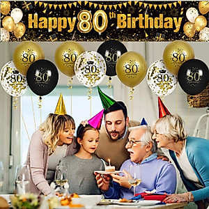 80th Birthday Decorations for Men Women Black and Gold, Black Gold Birthday Yard Banner Sign and 18 PCS 80th Happy Birthday Balloons for 80th Anniversary Birthday Party Supplies Outdoor Yard Decor