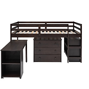 CITYLIGHT Twin Size Loft Bed with Desk, Low Study Twin Loft Bed Frame, with Cabinet and Rolling Portable Desk, Low Twin Loft Bed for Kids and Teens (Espresso)