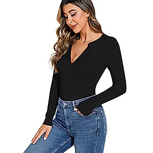 REORIA Women's Casual Sexy V Neck Fitted Long Sleeve T Shirts Work Slimming Ribbed Thong Leotards Bodysuits Tops Black Medium