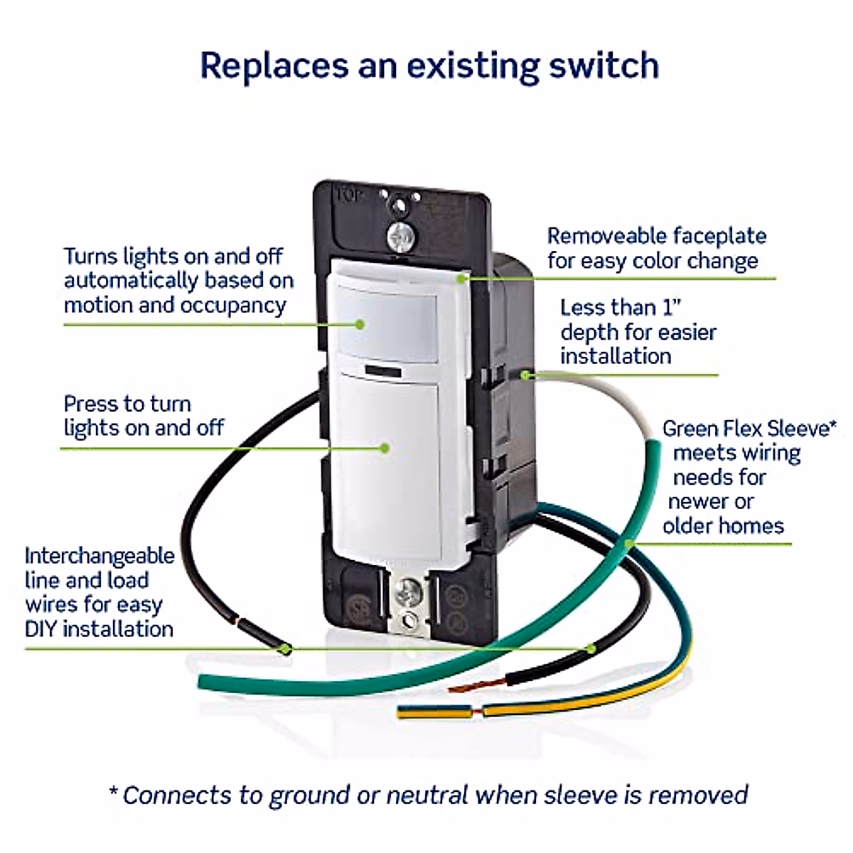 Leviton DOS02-1LT Motion Sensor Light Switch, Motion Activated, Auto-On/Auto-Off, 2A, No Neutral Wire Required, Single Pole, Light Almond