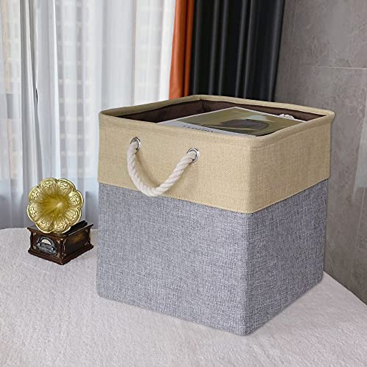 Cube Storage Organizer Bins 13x13 Fabric Storage Cube Bins for Shelves Toys Towel Books, Collapsible Storage Baskets with Cotton Handles for Closet, Clothes, Grey