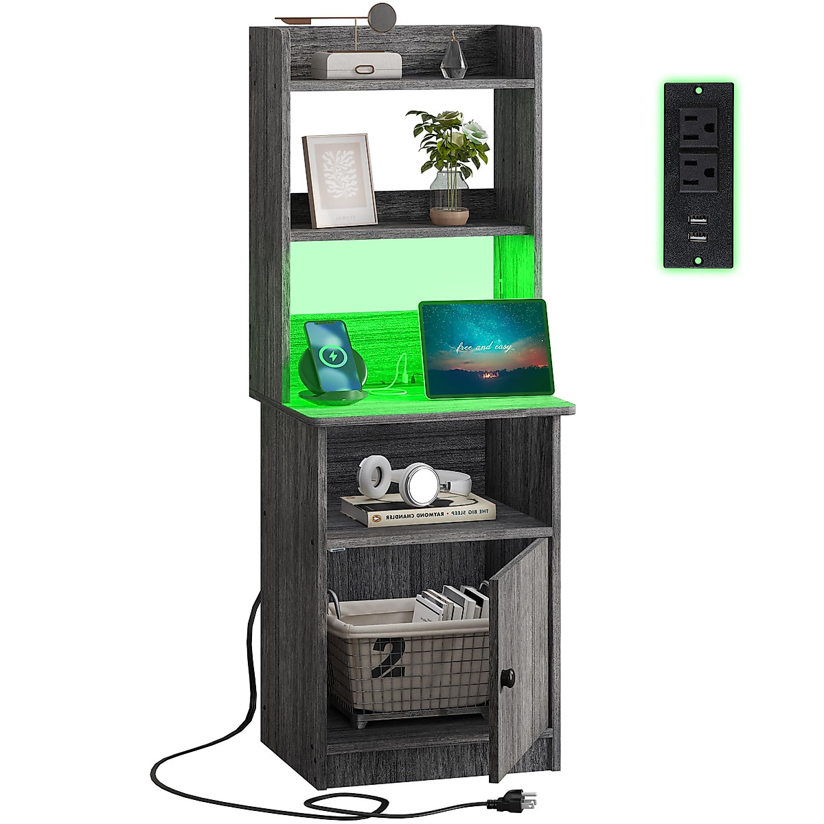 Clikuutory 47" Tall Nightstand with Charging Station & LED Lights, Large Nightstand with Adjustable Bookshelf, Modern Bedside Table with Storage Cabinet for Bedroom, Home Office, Grey