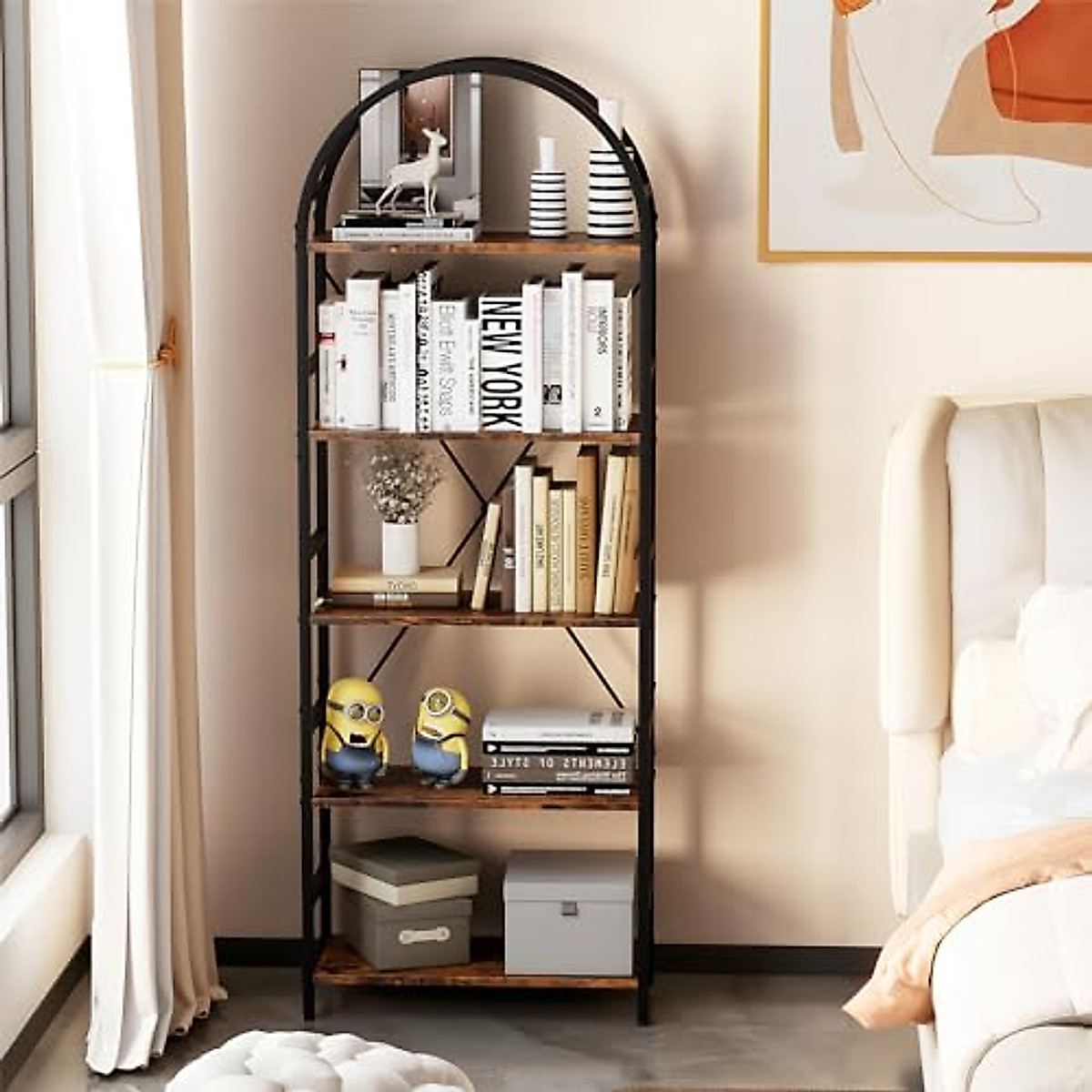 Arbuxzuy 5-Tier Bookshelf, 24 Inch Width Industrial Arched Bookcase, Vintage Storage Rack with Open Shelves, Free Standing Shelf for Home Office, Living Room,Bedroom, Rustic Brown