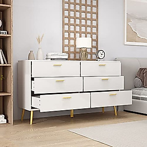 DiDuGo Chest of Drawers 6 Drawer Chest Dresser, Modern Contemporary Dresser with Metal Legs, White Dresser for Bedroom (54”W x 15.6”D x 30.1”H)