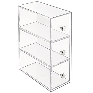 mDesign Plastic Kitchen Pantry Stackable Storage Organizer Container Station with 3 Drawers for Cabinet, Countertop, Holds Coffee, Tea, Sugar Packets, Creamers - Lumiere Collection - Clear