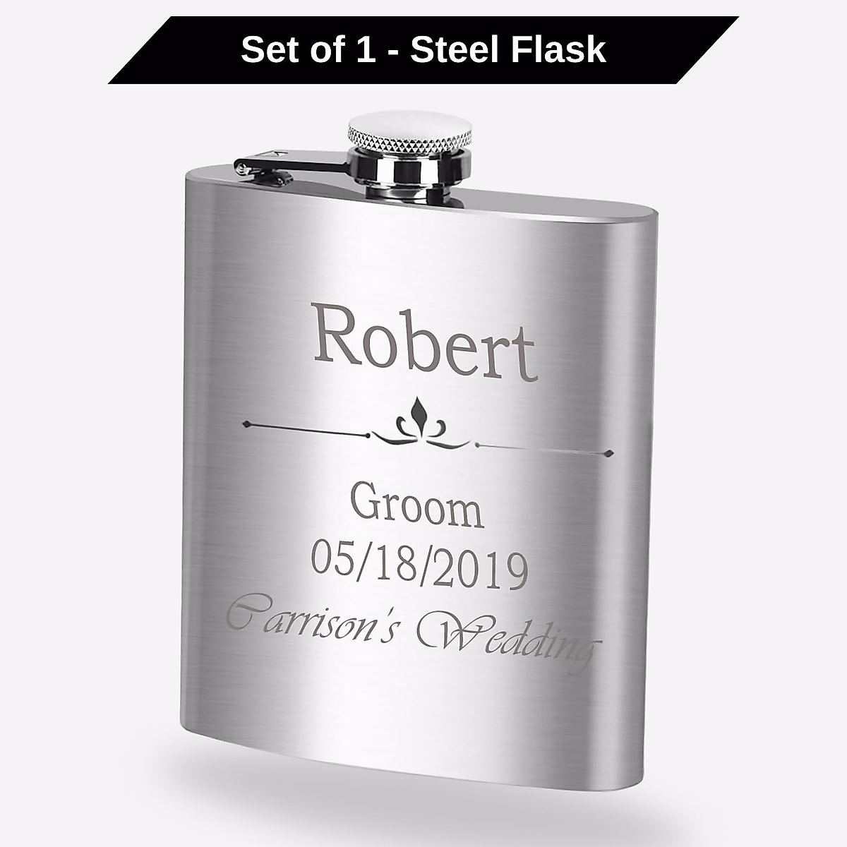 Top Shelf Stainless Steel Wedding Hip Flask 6Oz | Custom Engraving Personalized Name Bachelorette Party Favors Flask | Leak Proof Screw-On Cap | Groomsmen Gifts
