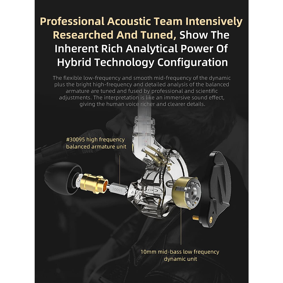 keephifi KZ ZSN Pro X Wired Ear Buds with Microphone,1BA+1DD Hybrid IEM Earphones Earbuds Punchy Bass,Comfortable Wearing, Detachable Cable for Audiophiles Musicians Singers Drummers(Gold,with Mic)