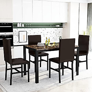 DKLGG Marble Dining Table Set for 4, 5-Piece Faux Marble Kitchen Table and Chairs for 4, Space Saving Dining Room Table Set w/4 Upholstered PU Leather Chairs, Ideal for Dining Room, Kitchen, Corner