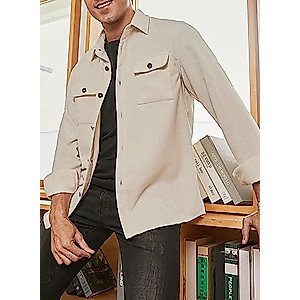 JMIERR Mens Corduroy Casual Button Down Shirts Long Sleeve Jackets Slim Fit Jacket with Flap Pockets, US 43(L), A Apricot