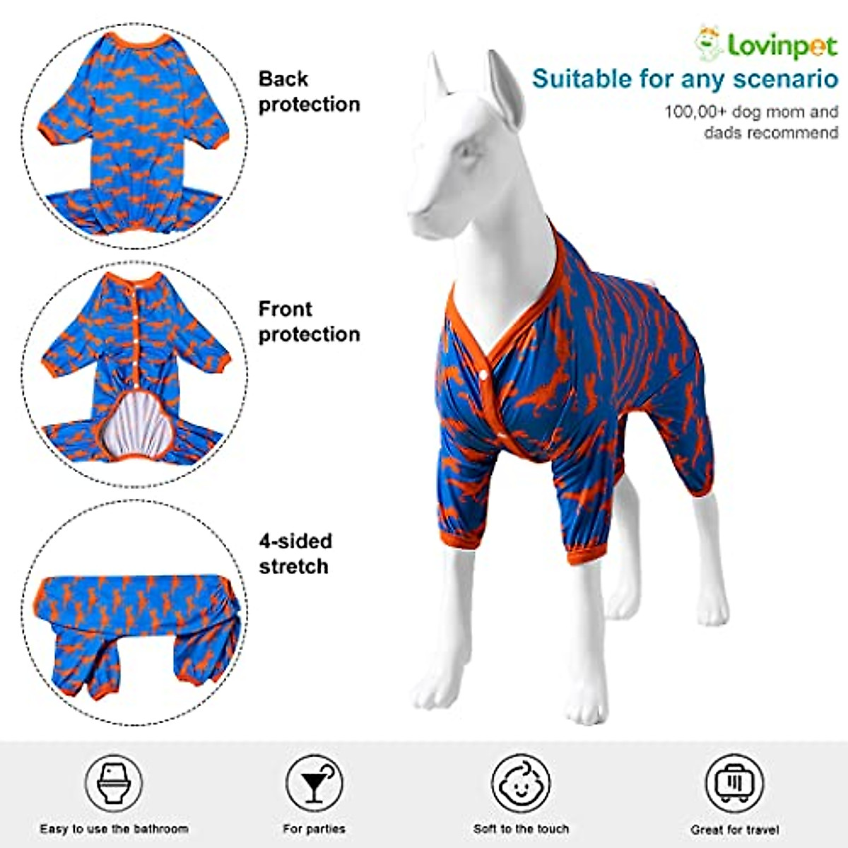 LovinPet Large Dog Clothes - Spun Polyester Stretch Jersey Knit Pjs, Orange Print, Wound Care and Post Surgery Shirt, UV Protection, Pet Anxiety Relief Shirt, Large Dog Onesies, 3XL