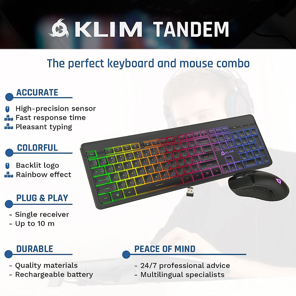 KLIM Tandem - Wireless Gaming Keyboard and Mouse Combo + Slim, Durable, Ergonomic + Illuminated + Long-Lasting Built-in Battery (Renewed), Black