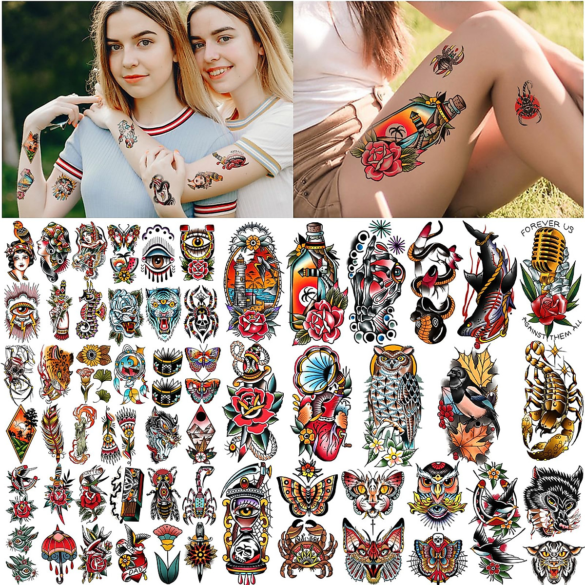 Yazhiji 77sheets Waterproof Fake Tattoo for Men or Women 17sheets Larger Half Arm Owl Peony Butterfly Snake Temporary Tattoos for Boy or Girl And 60 sheets Tiny Flower Tattoo Sticker for Kids