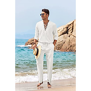 COOFANDY Men's 2 Piece Linen Set Long Sleeve Henley Shirts Casual Beach Pants With Pockets Summer Yoga Outfits