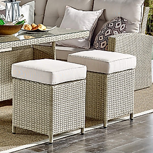 Canaan All-Weather Wicker Outdoor 17" H Square Stools with Cushions, Set of 2