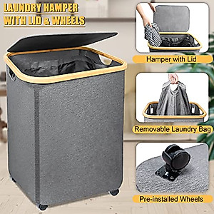 Foldable Laundry Hamper With Lid - 73L Large Laundry Basket with Wheels and Removable Laundry Bag, Portable Cloth Hampers for Home Storage, Travelers Apartments (Grey)