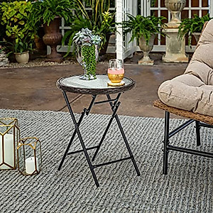 PHI VILLA Outdoor Patio Folding Small Side Table Round with Tempered Glass Top, Rattan Edge and Metal Frame
