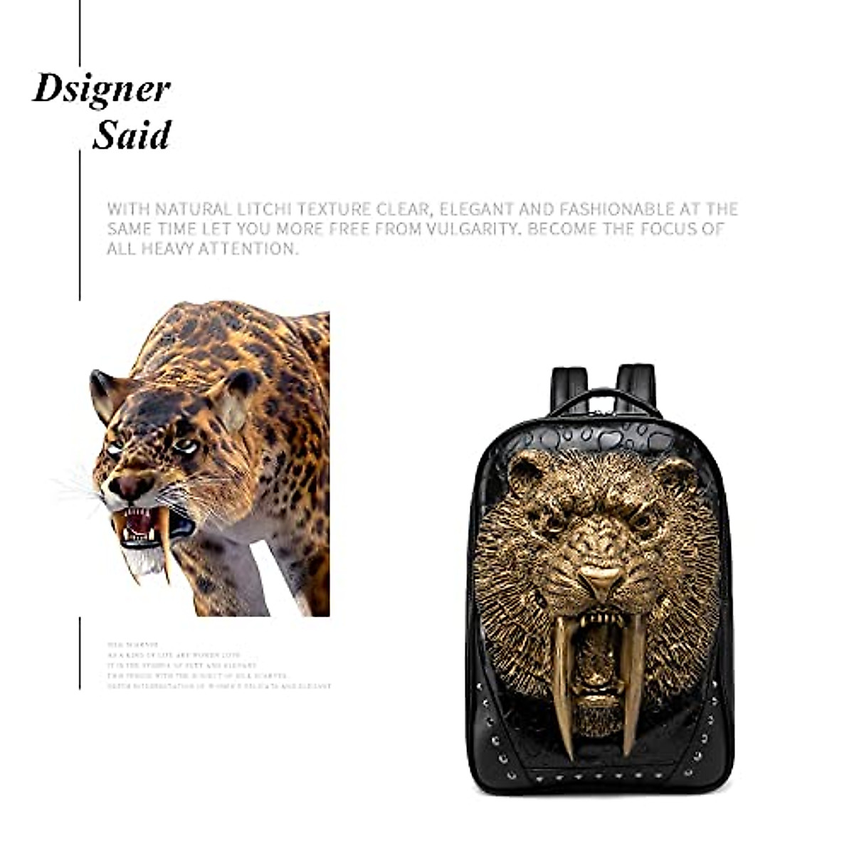3D Animal Saber-toothed Tiger Backpack, Studded PU Leather Cool Laptop Backpack College Bookbag, Gold, Black