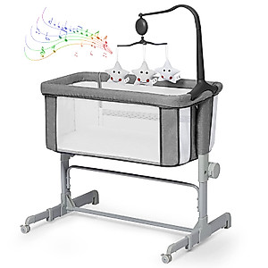 Babevy Baby Bassinet Bedside Sleeper Bedside Crib, Crib Adjustable Height Portable Bassinet with Wheels and Music Box for Newborn Baby, Mattress and Travel Bag Included, Linen-Grey