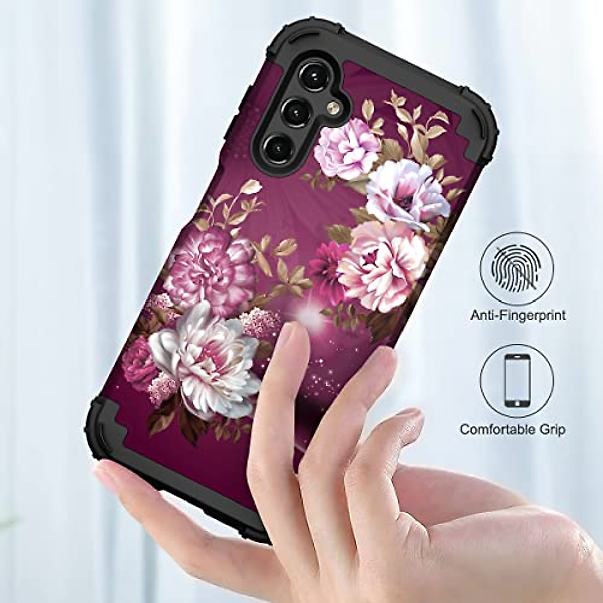 Hocase Heavy Duty Shockproof Protection Soft Silicone Rubber Bumper+Hard Plastic Hybrid Protective Case for Samsung Galaxy A14 5G (6.6" Display) 2023 - Burgundy Flowers