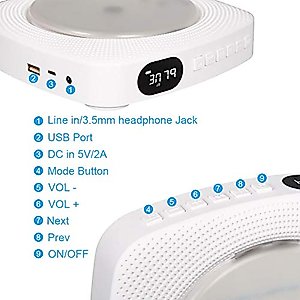 CD Player, Bluetooth HiFi Speaker, USB Flash Player, AUX line-in Audio Boombox, FM Radio, Portable, Wall Mountable and Desk Stand, with Remote Control