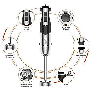 healthomse 5-In-1 Immersion Blender 800W 12-Speed Stainless Steel Hand Blender with Milk Frother, Egg Whisk, BPA-Free 500ml Chopper and 700ml Beaker with Lid for Soup, Smoothie, Baby Food