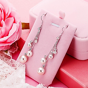 EleQueen Women's Silver-tone Crystal Simulated Pearl 4 Chain Bridal Long Dangle Hook Earrings Ivory Color