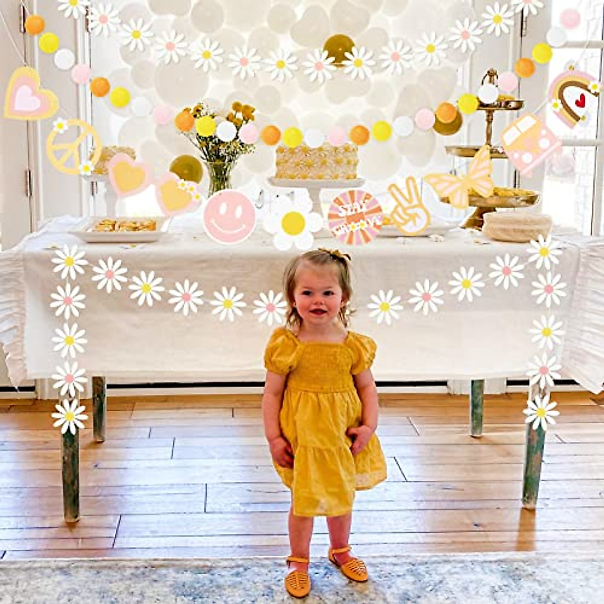 Groovy Party Decoration Garland 5Pcs, Groovy Hippie Banner Daisy Boho Tassel Garland Decor, Pre Strung Pom Pom Spring Party Supplies Hippie Party Decorations for Wall Window Home Room (Pink)