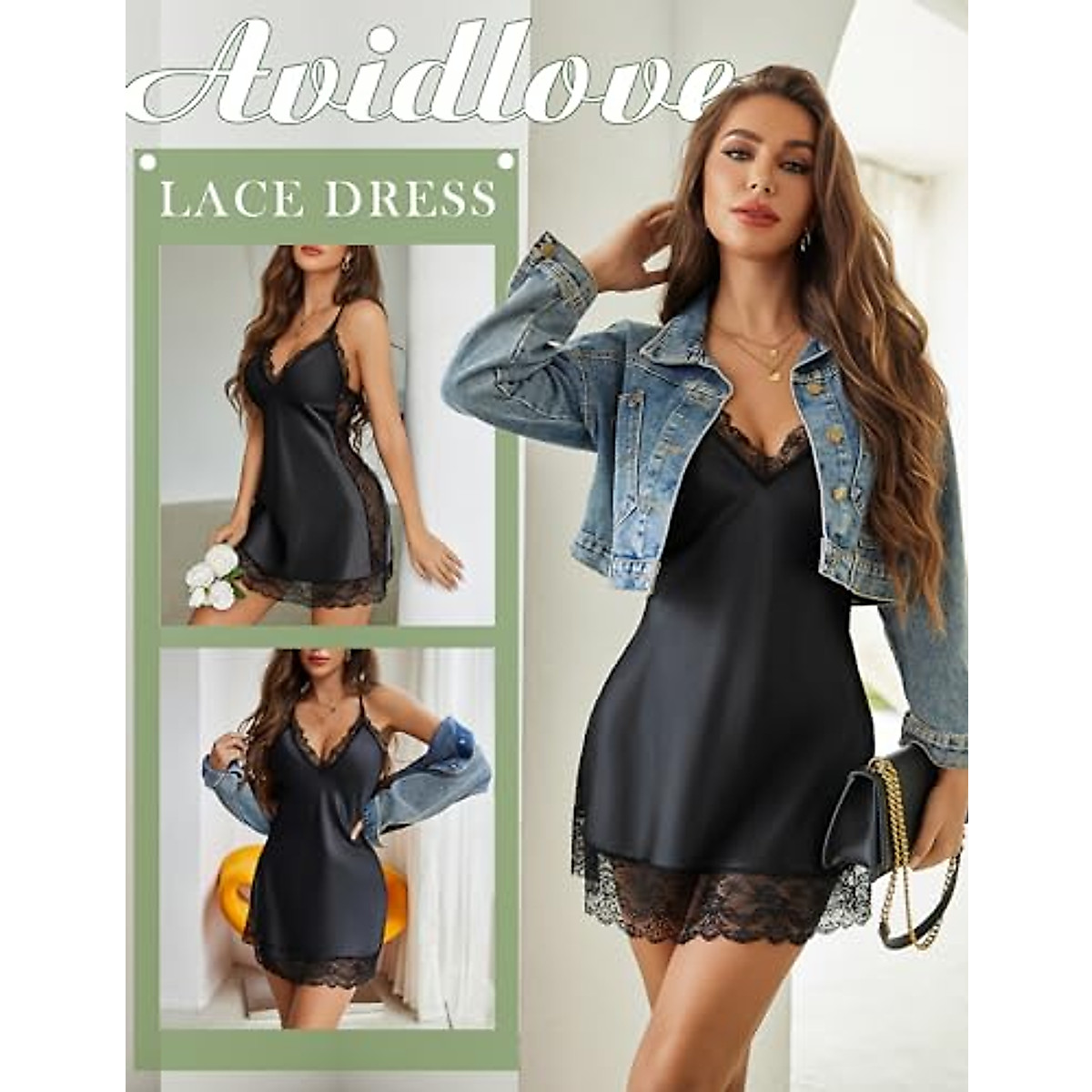 Avidlove Women's Slips Lingerie Nightgown Satin Lace Chemise Sexy Sleepwear S-4XL (Medium, Black)