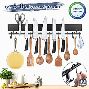 Pailexin 17 inch magnetic knife holder with 10 hooks, No Drilling black knife magnetic strip and utensil hanger for wall, Powerful knife magnet rack include tape and screws