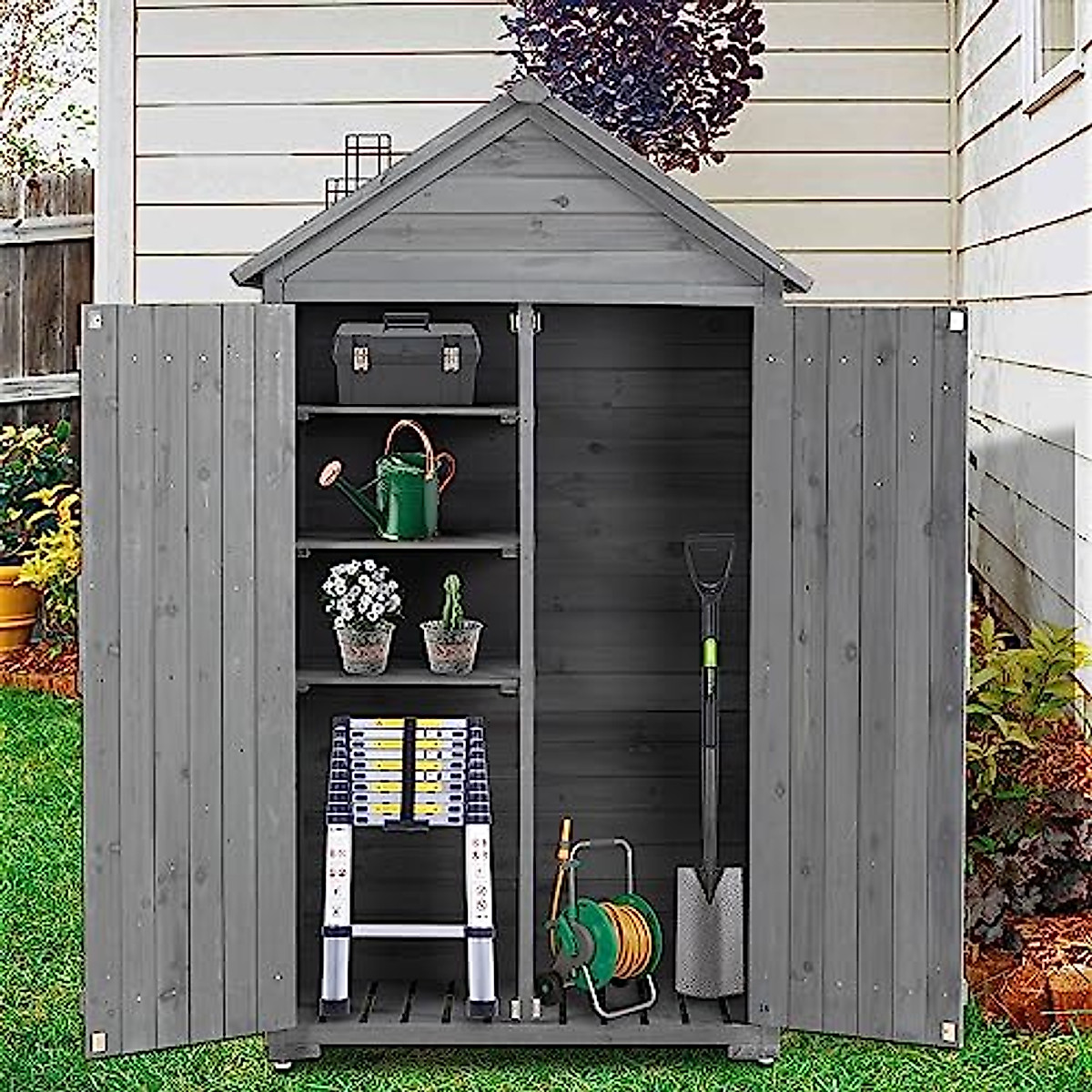 nifoti Outdoor Tool Shed Wooden Storage Cabinet,2-Door Garden Shed with 3 Detachable Shelves and Locking Latch,Outdoor Shed Box with Pitched Roof for Garden,Backyard,Manor (Grey)