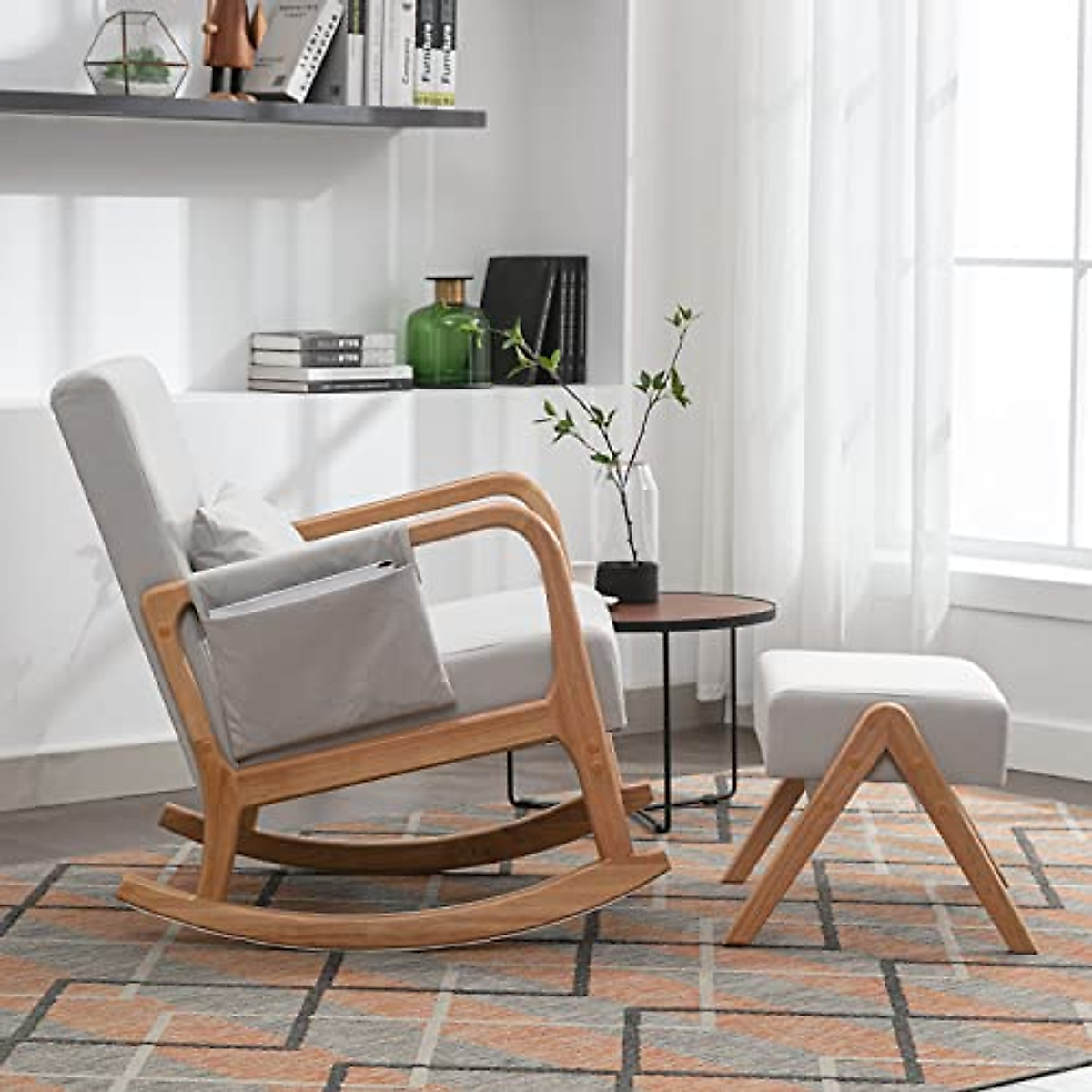 Nursery Rocking Chairs Glider Chair for Nursery, Rocker Chair with Ottoman Set, Modern Living Room Chair Nursing Comfy Chairs for Mom, Gift, Side Pocket, Lumbar Pillow, Leathaire, Light Gray