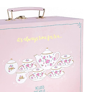 Jewelkeeper Tea Set for Little Girls - 13 pcs. Porcelain Tea set for kids Tea Time includes Teapot, 4 Tea Cup and saucers, creamer and sugar bowl. Floral design with Pink Roses tea party set