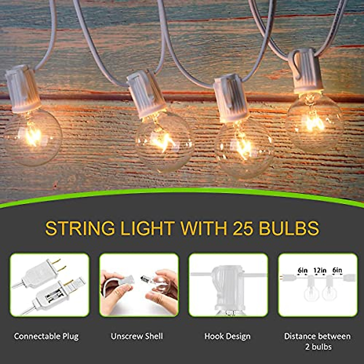 Pallerina 25FT G40 Outdoor String Lights with 27 Globe Clear Bulbs(2 Spare) Patio String Lights Outdoor Waterproof for Party Wedding Garden Commercial Decoration, 5 Watt Bulbs E12 Base- White Wire