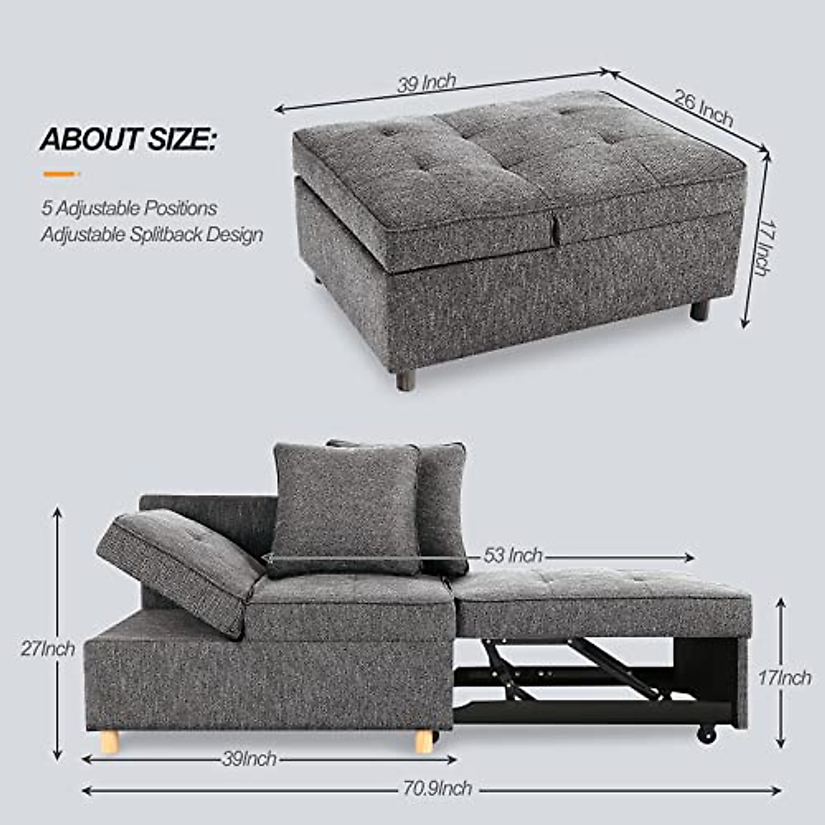 SEJOV Sofa Bed 4-in-1 Convertible Sofas & Couches, 3-Seat Linen Fabric loveseat Sofa with 2 Throw Pillow, Single Recliner for Small Space with 5 Adjustable Backrest, Dark Grey