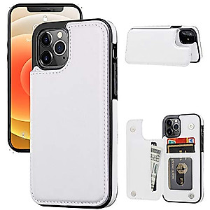 JOYAKI Wallet Case Compatible with iPhone 12 Pro/12,Slim Protective case with Card Holder,Premium PU Leather Kickstand Card Slots Case with a Screen Protective Glass for iPhone 12pro/12(6.1")-White