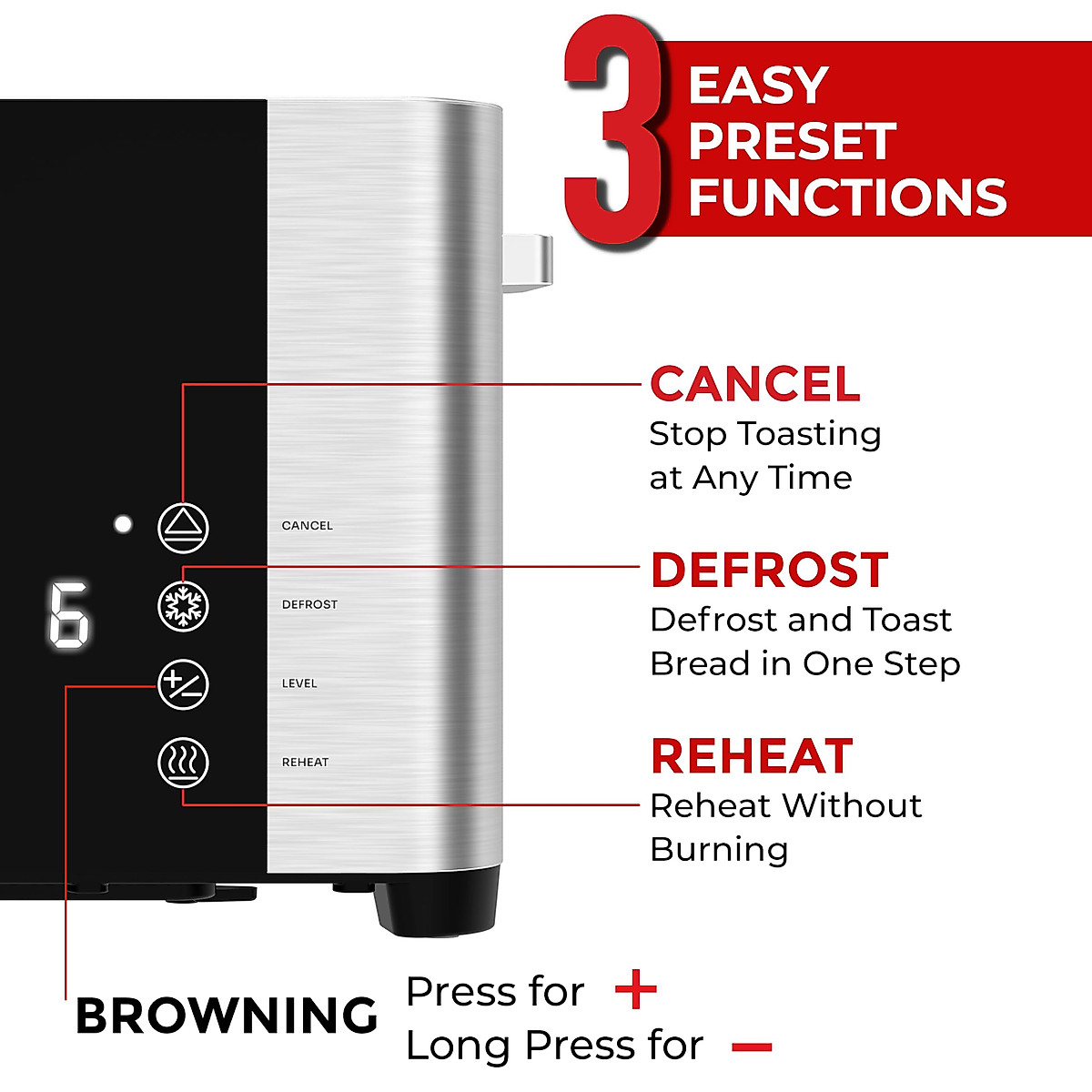 Mueller UltraToast Full Stainless Steel Toaster 4 Slice, Long Extra-Wide Slots with Removable Tray, Cancel/Defrost/Reheat Functions, 6 Browning Levels with LED Display